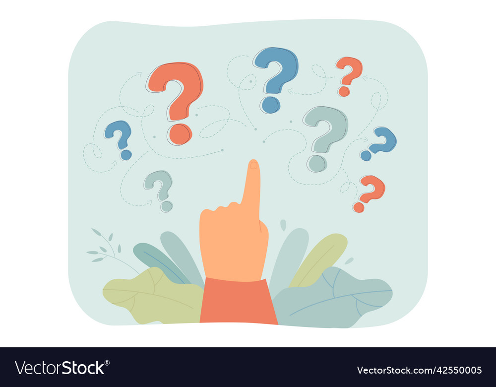 Hand pointing at question marks flat Royalty Free Vector
