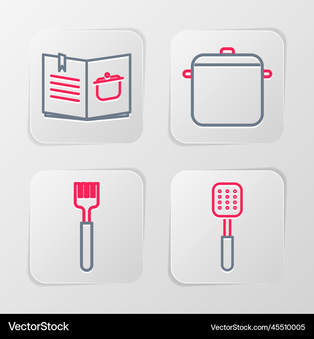 Set line spatula fork cooking pot and cookbook Vector Image