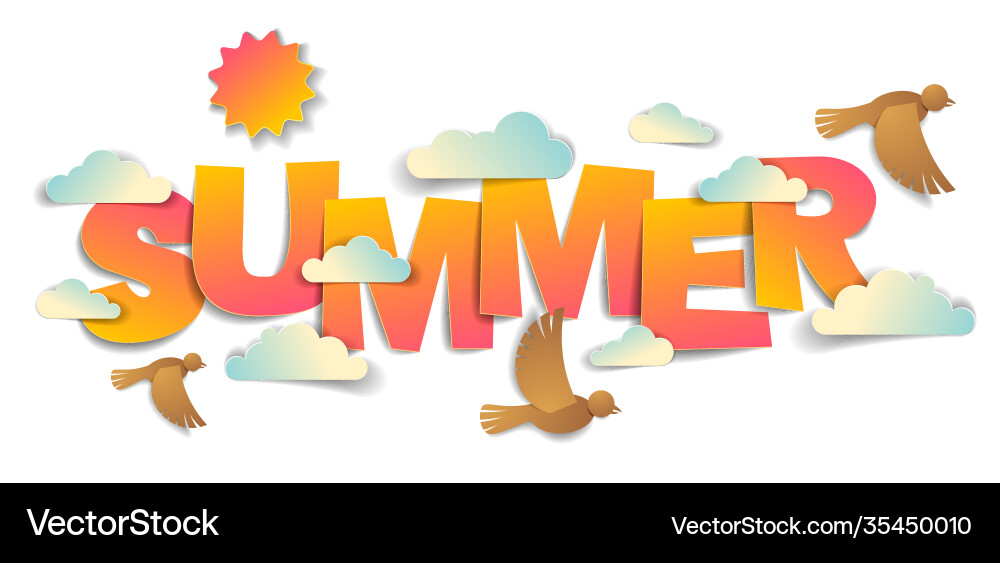 Summer papercut word with birds sun and clouds Vector Image
