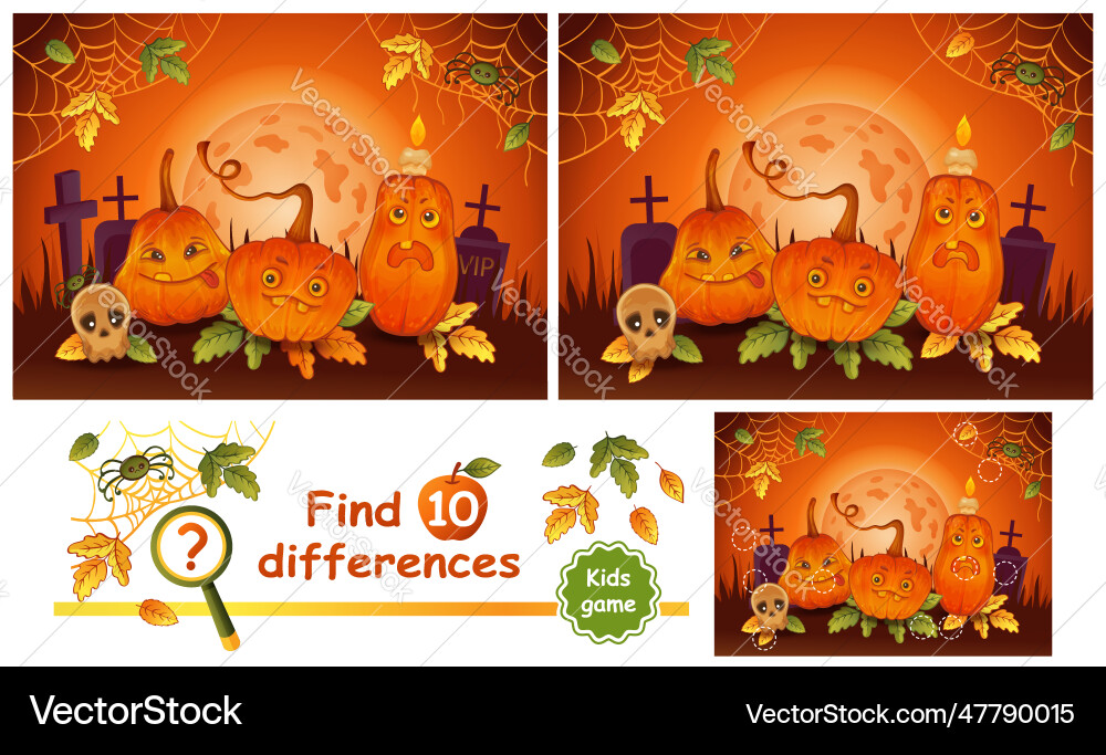 Halloween pumpkin find difference kid logic game Vector Image
