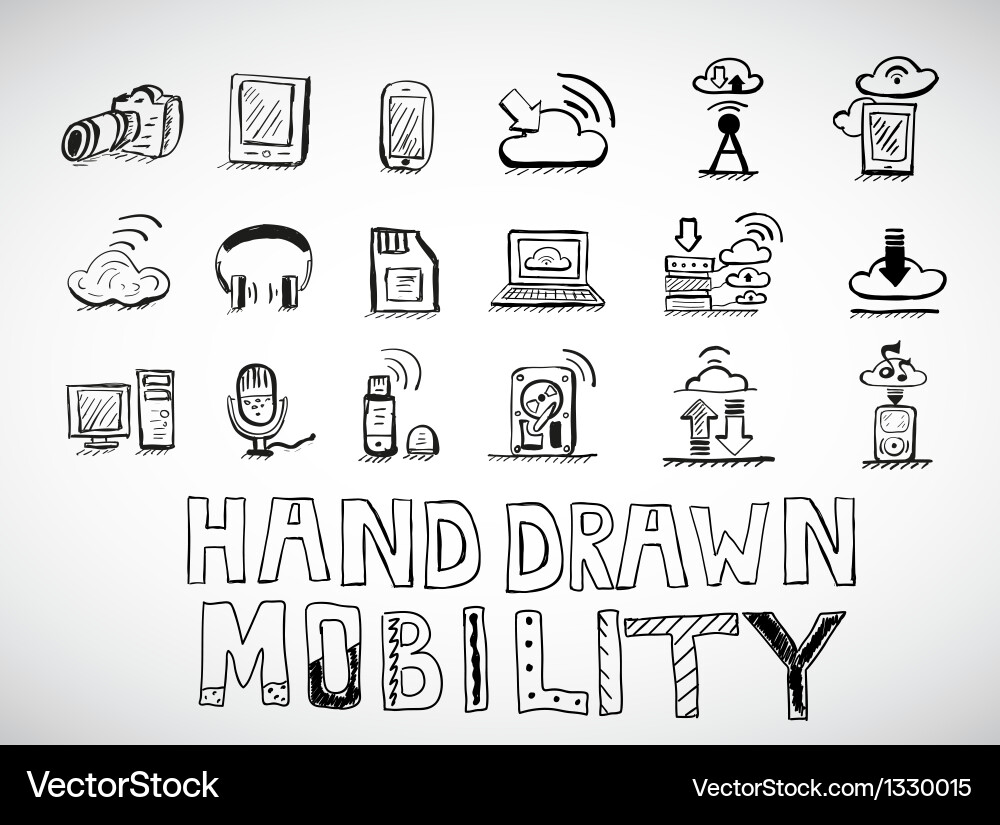 Hand drawn mobility icons doodles Royalty Free Vector Image
