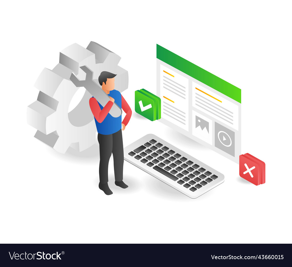 Man maintaining computer web application Vector Image