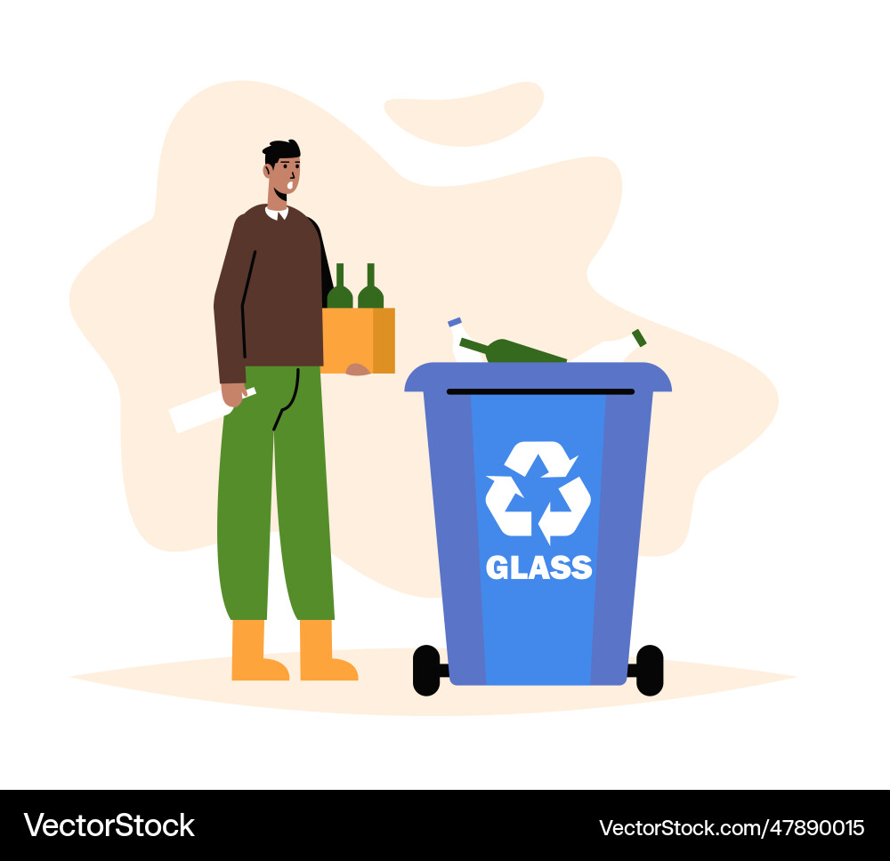 Man throws glass bottles into container for glass Vector Image