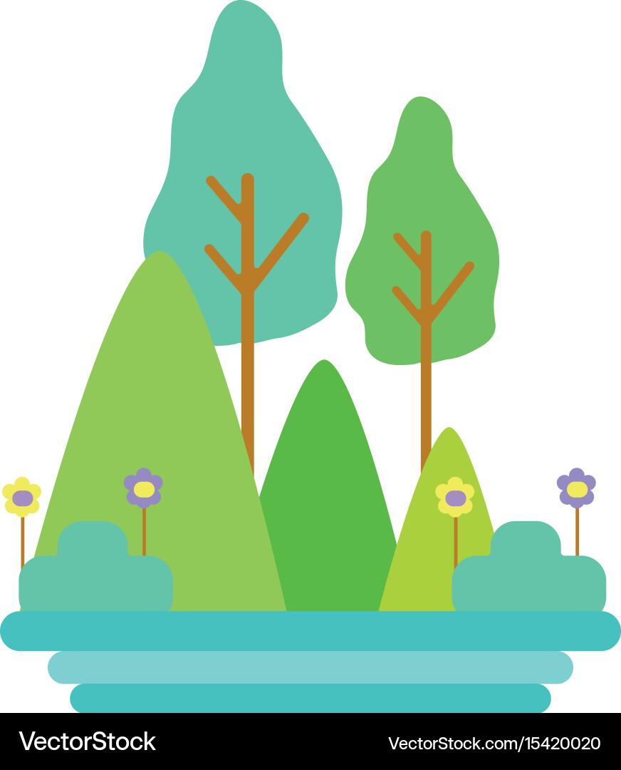 Mountains with plants with flowers and trees Vector Image