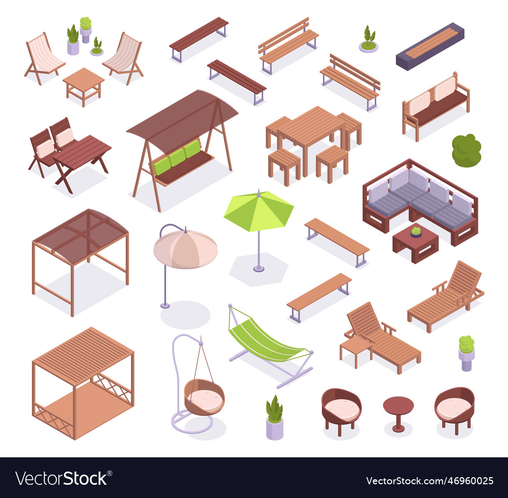 Isometric garden furniture chairs umbrella Vector Image Isometric garden furniture chairs umbrella Vector Image