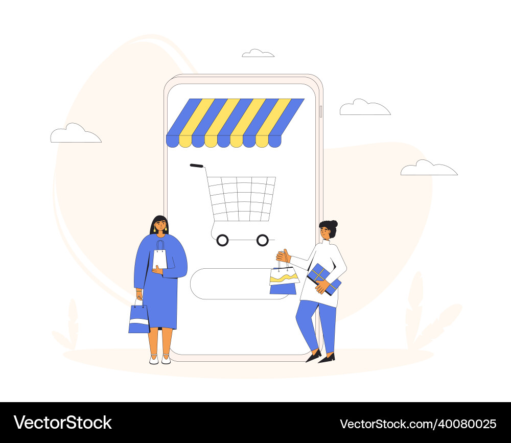 Online shopping two persons with huge smartphone Vector Image