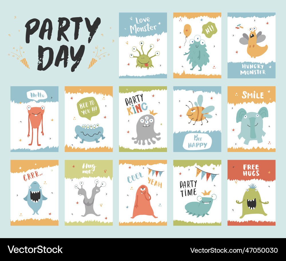 Cute monsters cards set cartoon monsters Vector Image