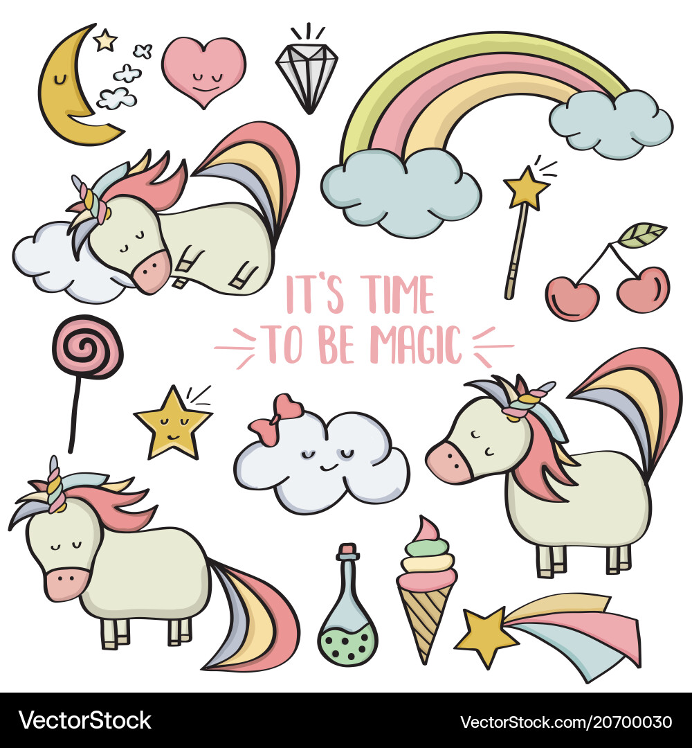 Doodle items collection with unicorns and other Vector Image