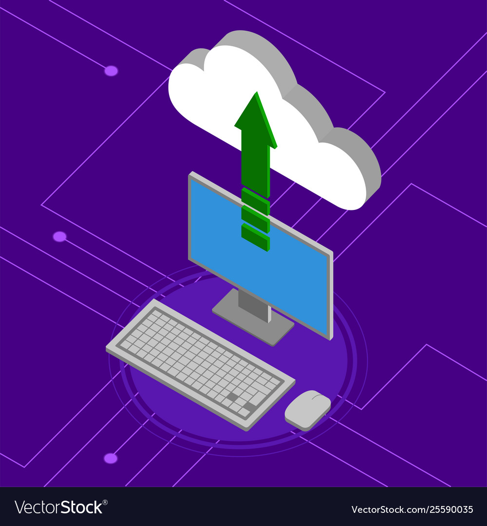 Computer uploading to a 3d cloud computing icon Vector Image