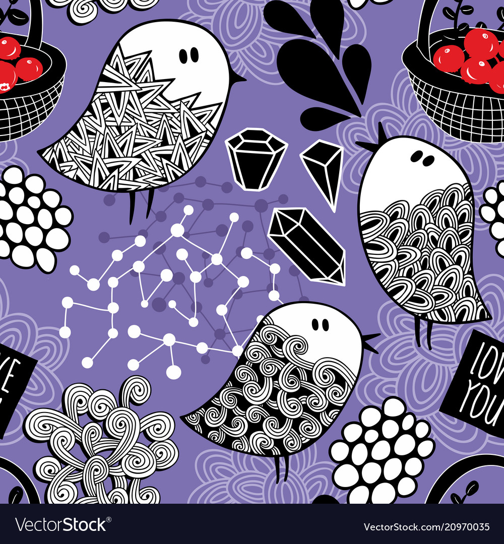 Endless wallpaper with doodle birds on violet Vector Image