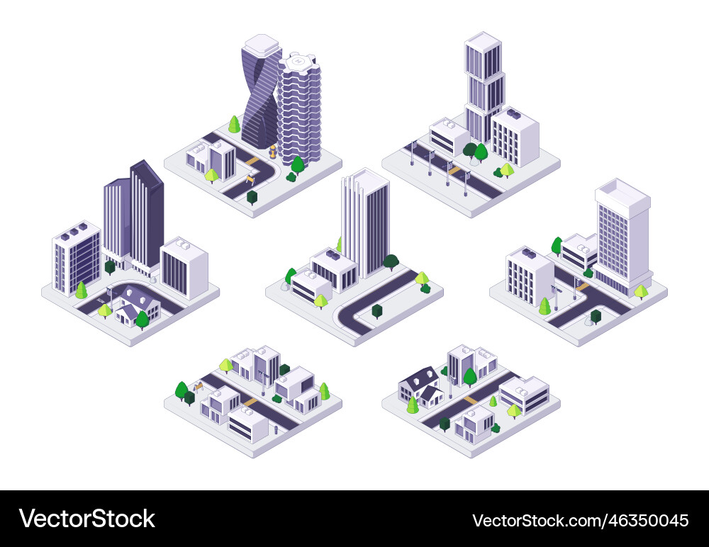 Isometric city streets town quarter Royalty Free Vector