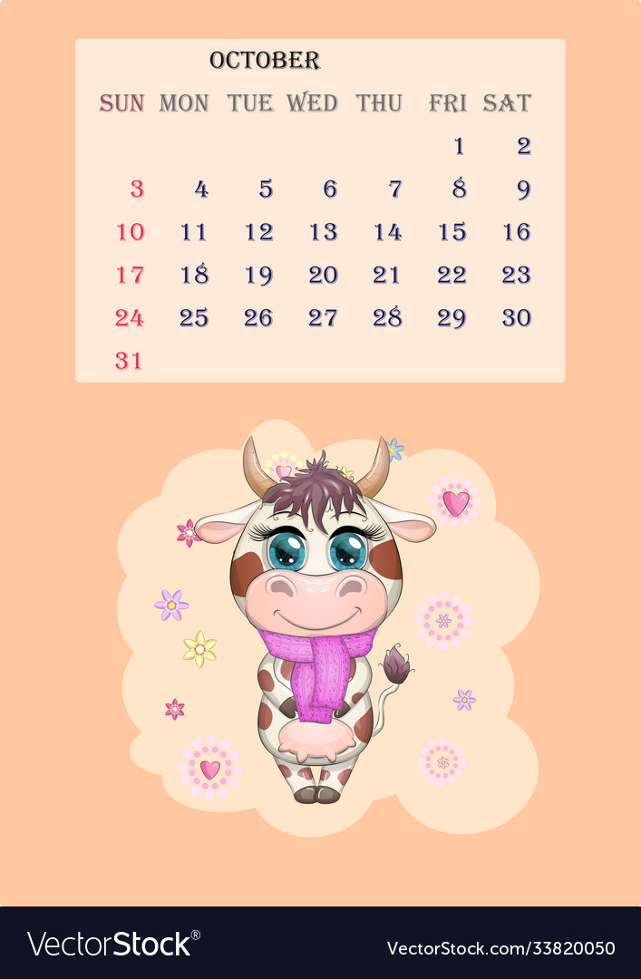 Calendar 2021 cute bull and cow for every month Vector Image