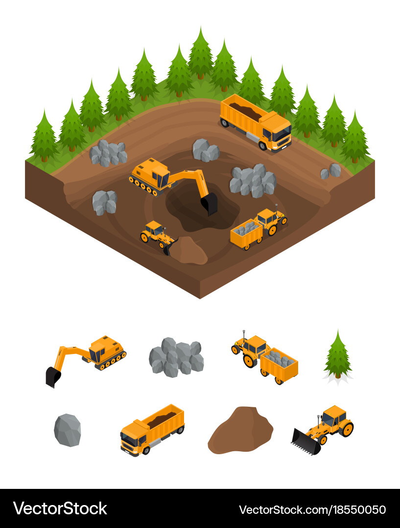 Construction quarry with excavators and equipment Vector Image