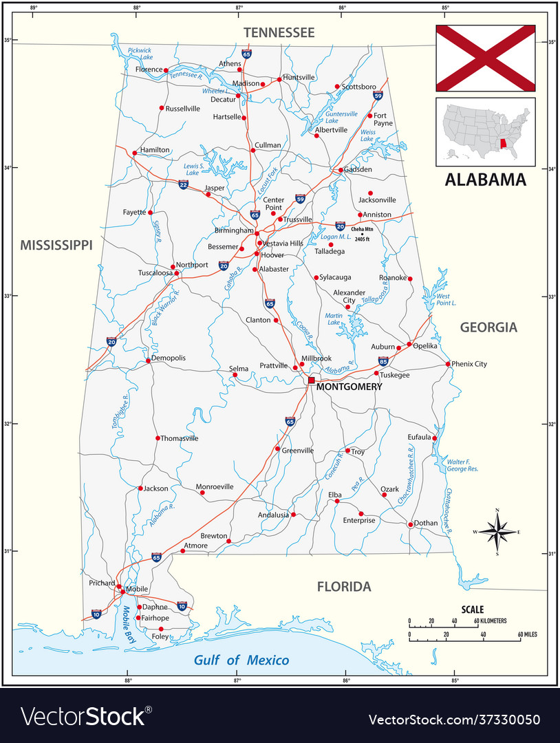Road map us state alabama with flag Royalty Free Vector