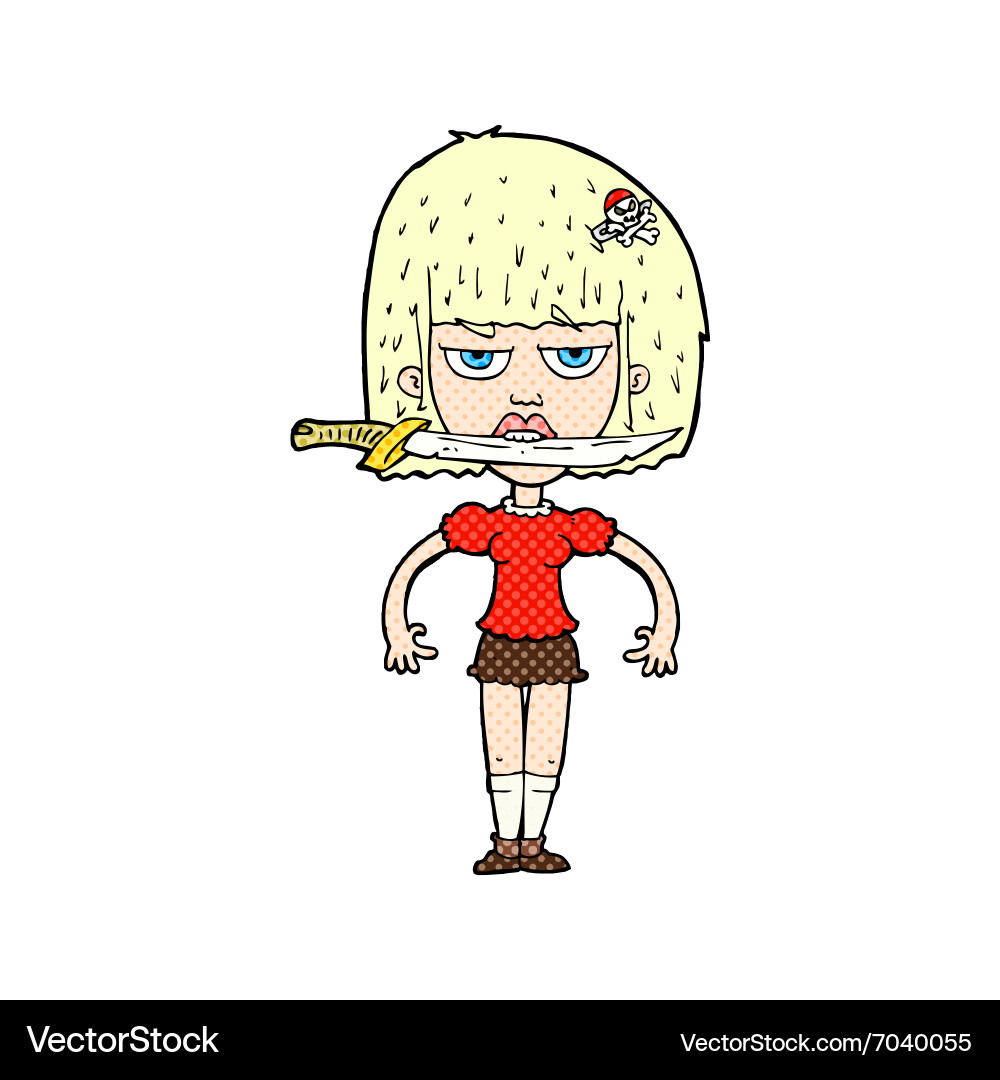 Comic cartoon woman with knife between teeth Vector Image