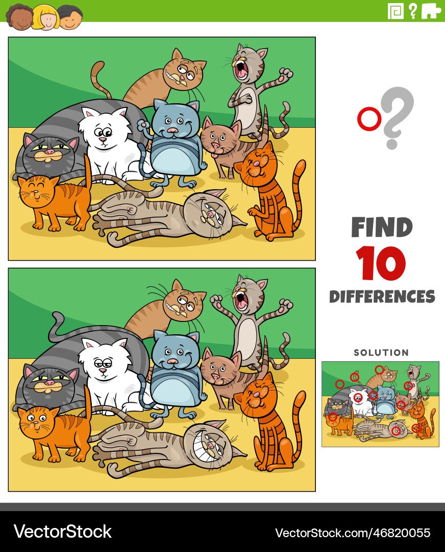 Differences game with cartoon cats characters Vector Image
