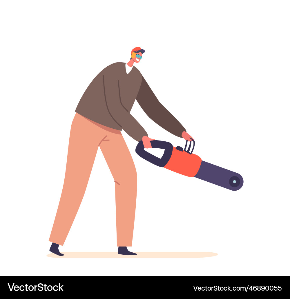 Male character cutting trees with chainsaw Vector Image