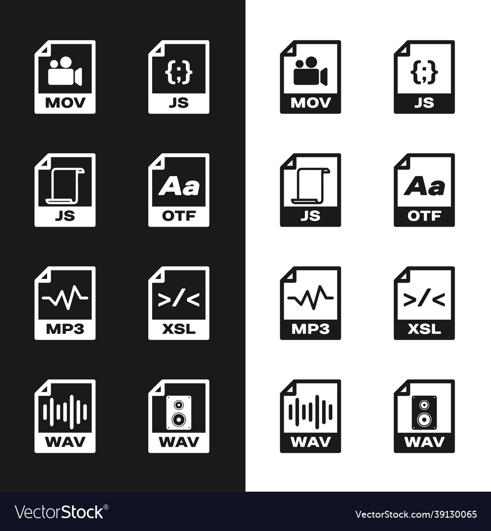 Set otf file document js mov mp3 and xsl icon Vector Image