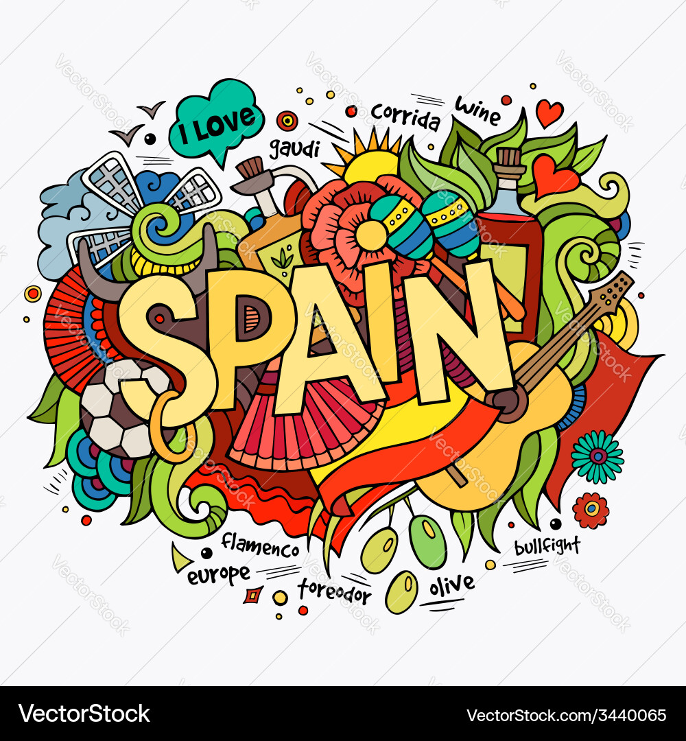 Spain hand lettering and doodles elements Vector Image