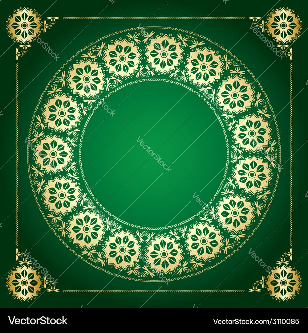 Green background with golden floral frame Vector Image
