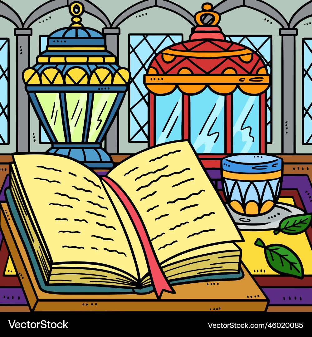 Ramadan quran and lanterns colored cartoon Vector Image