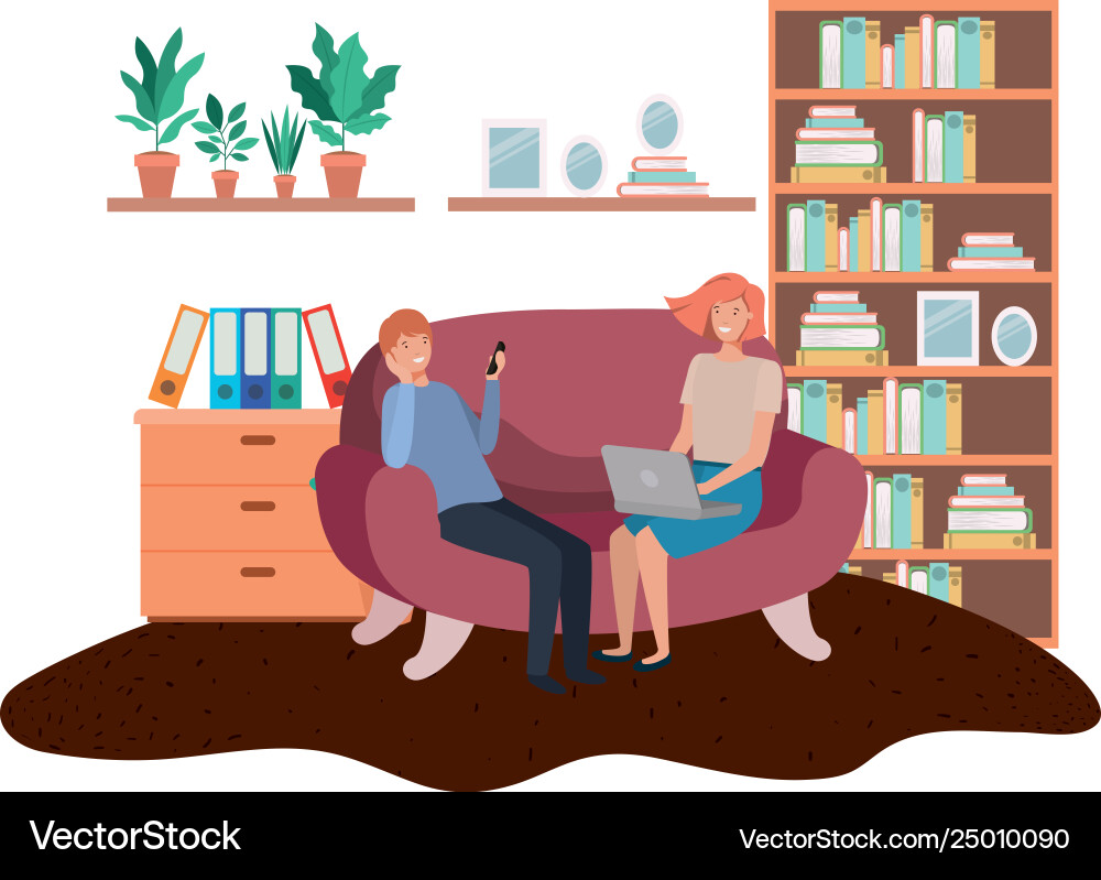 Couple using laptop in livingroom Royalty Free Vector Image