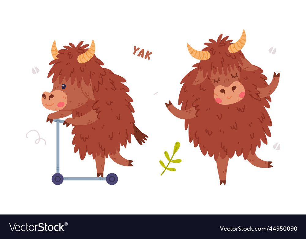 Cute yak character with dense fur and horns riding