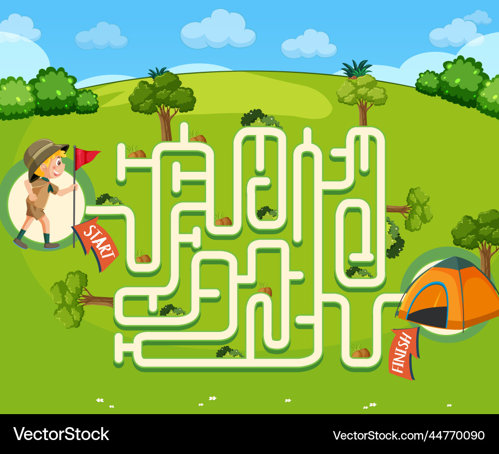 Maze game template in camping theme for kids Vector Image