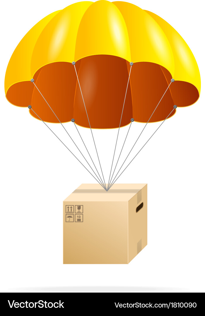Yellow parachute with cardboard box on a white Vector Image