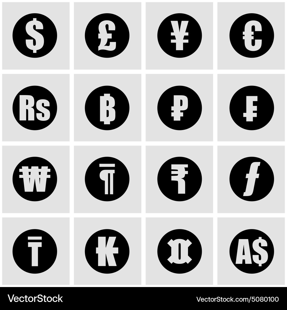 Black currency symbols icon set Royalty Free Vector Image