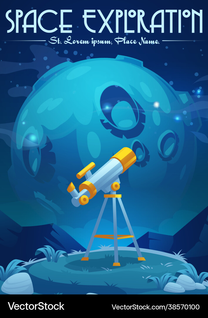 Space exploration cartoon poster with telescope Vector Image