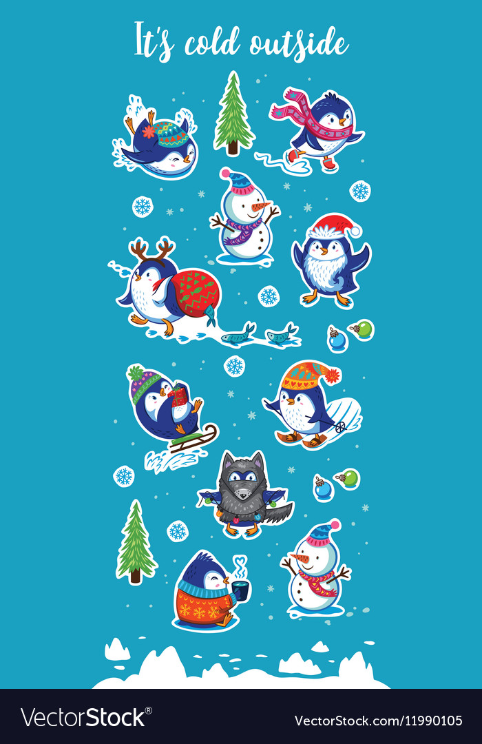 Snow sticker set with cartoon penguins snowman Vector Image