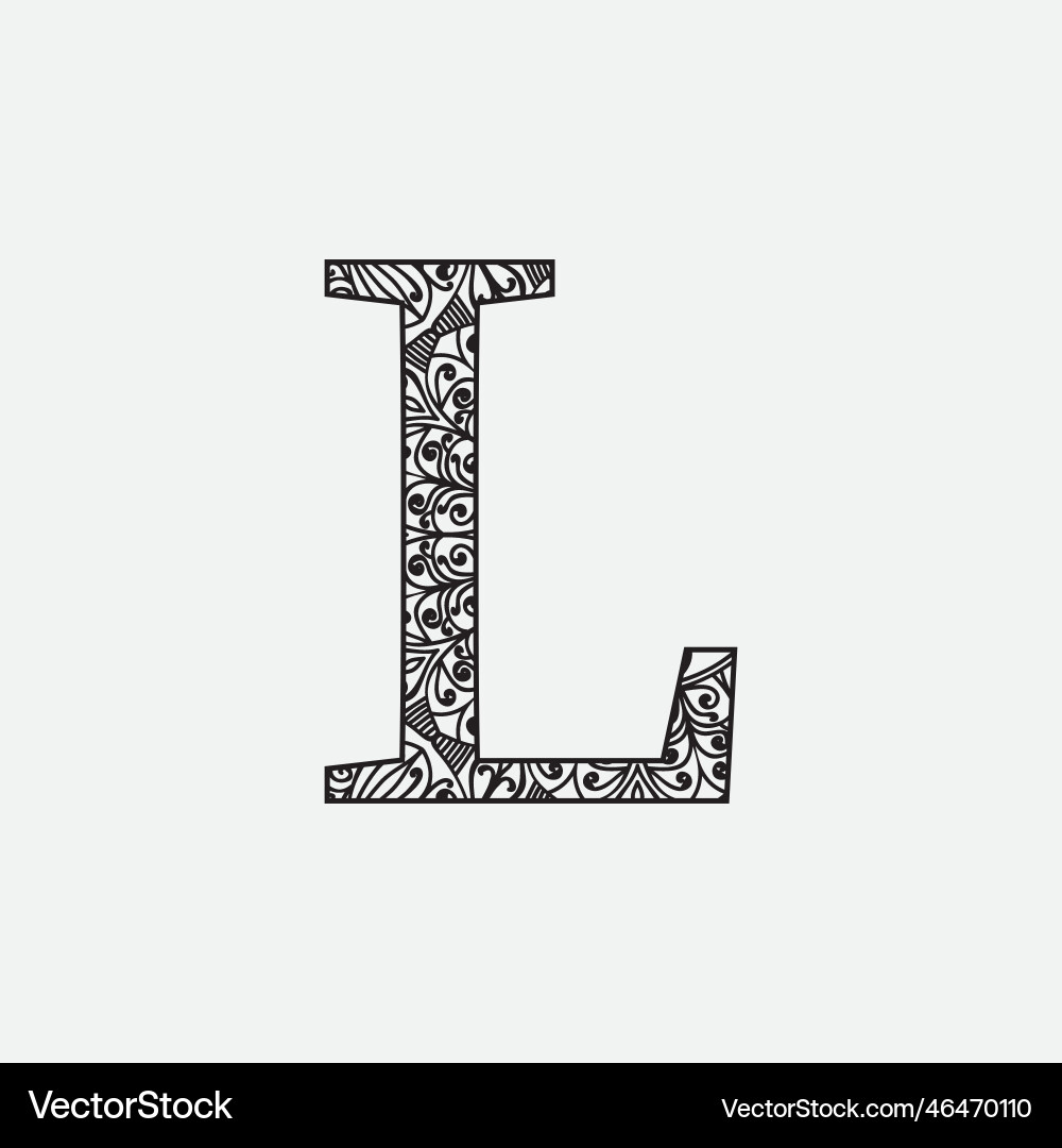 L letter mandala coloring page doodle Royalty Free Vector