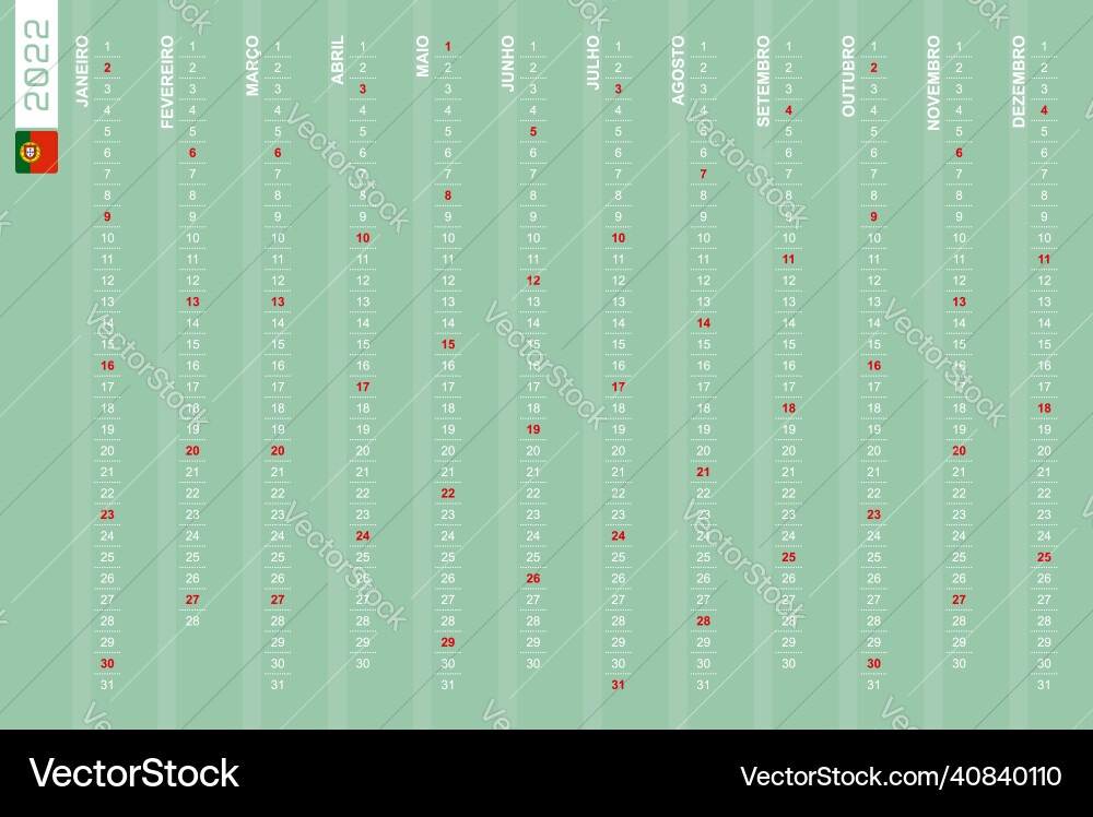 One-row vertical calendar for the year 2022 Vector Image