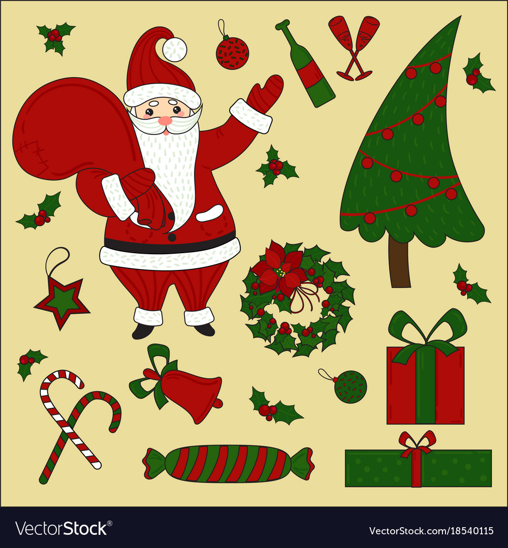 Christmas items and santa set new year Royalty Free Vector