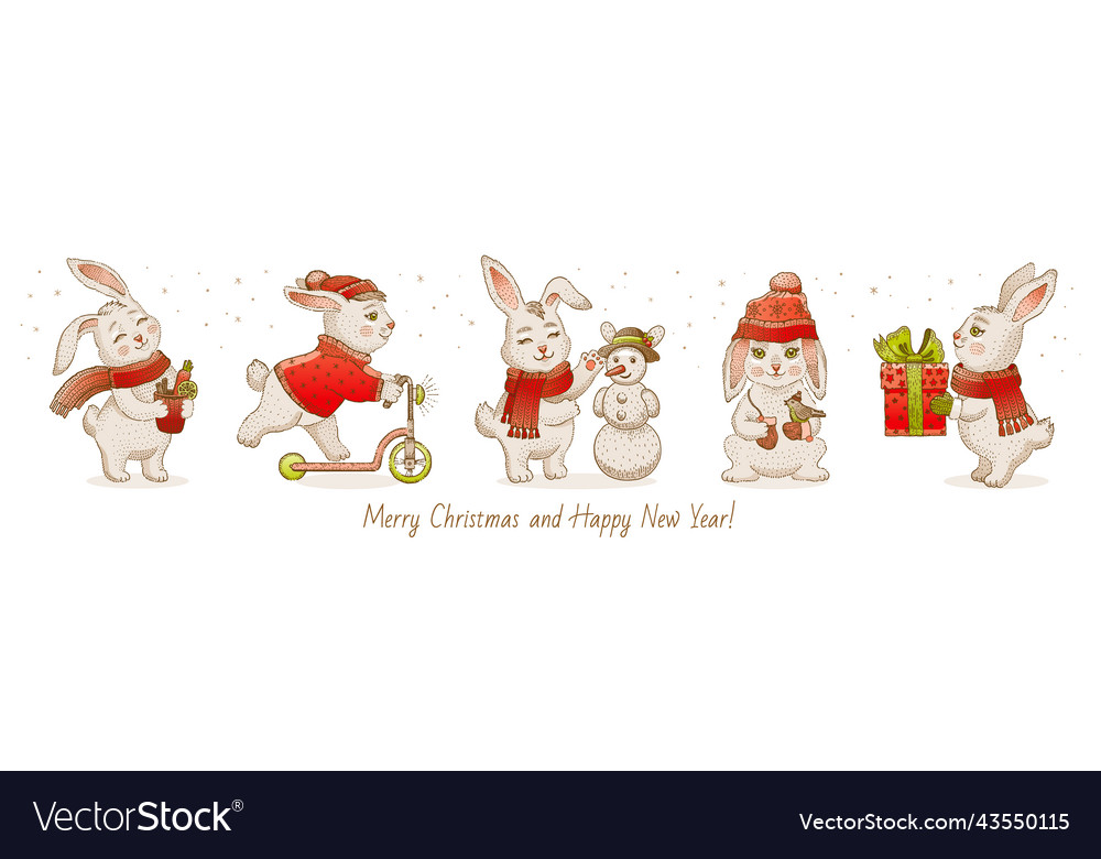 Christmas rabbits new year bunny set Royalty Free Vector