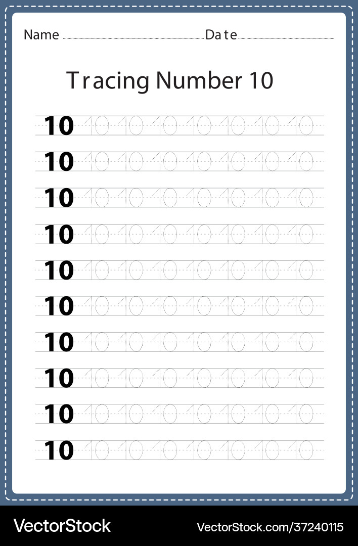 Tracing number 10 worksheet for kindergarten Vector Image
