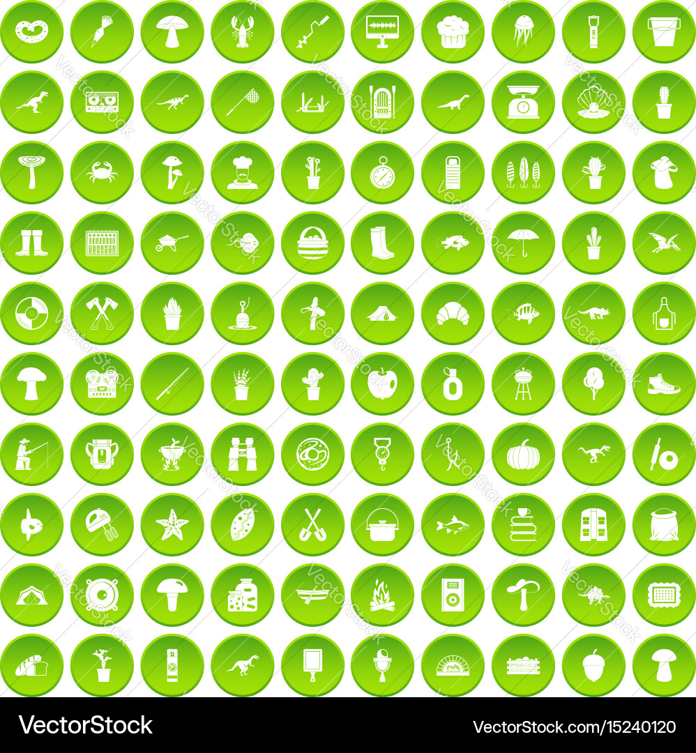 100 hobby icons set green circle Royalty Free Vector Image