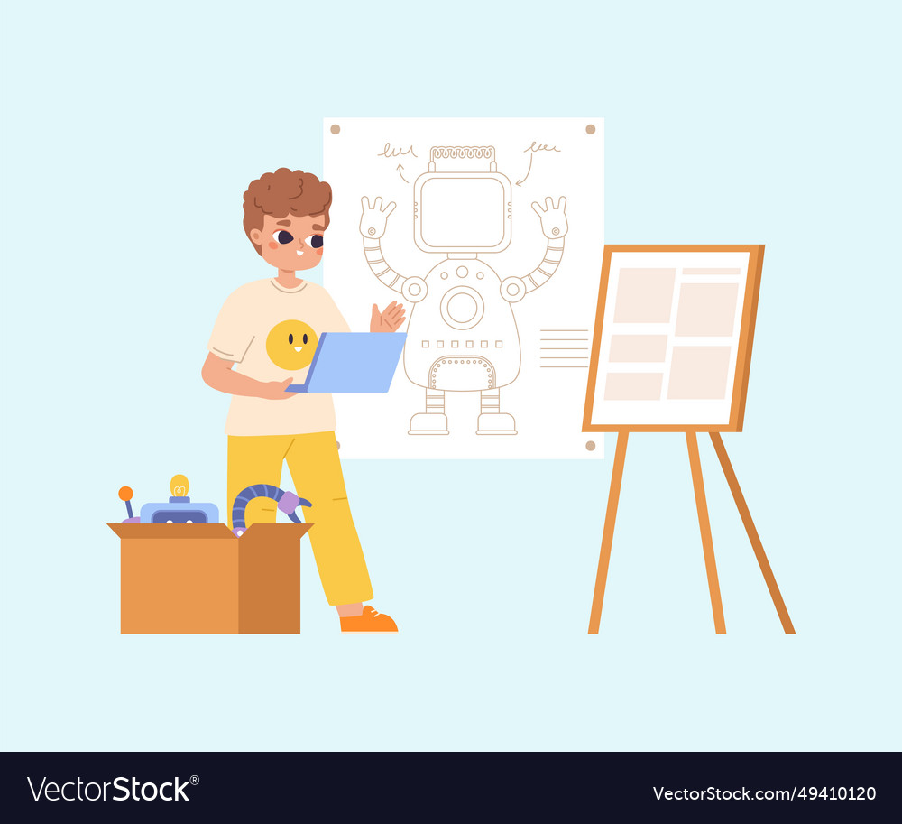 Boy programming and development robot robotics Vector Image