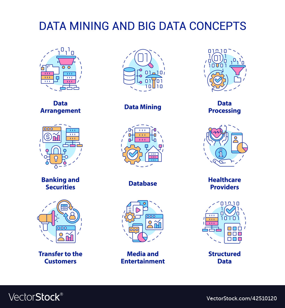 Data mining and big concept icons set Royalty Free Vector