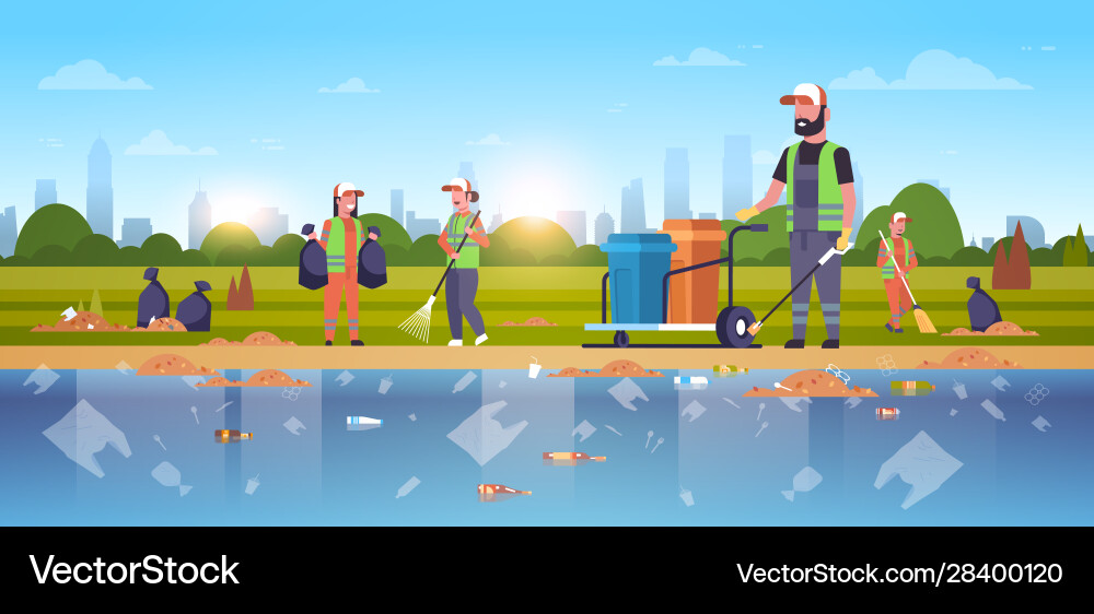Janitors group gathering garbage cleaners team in Vector Image