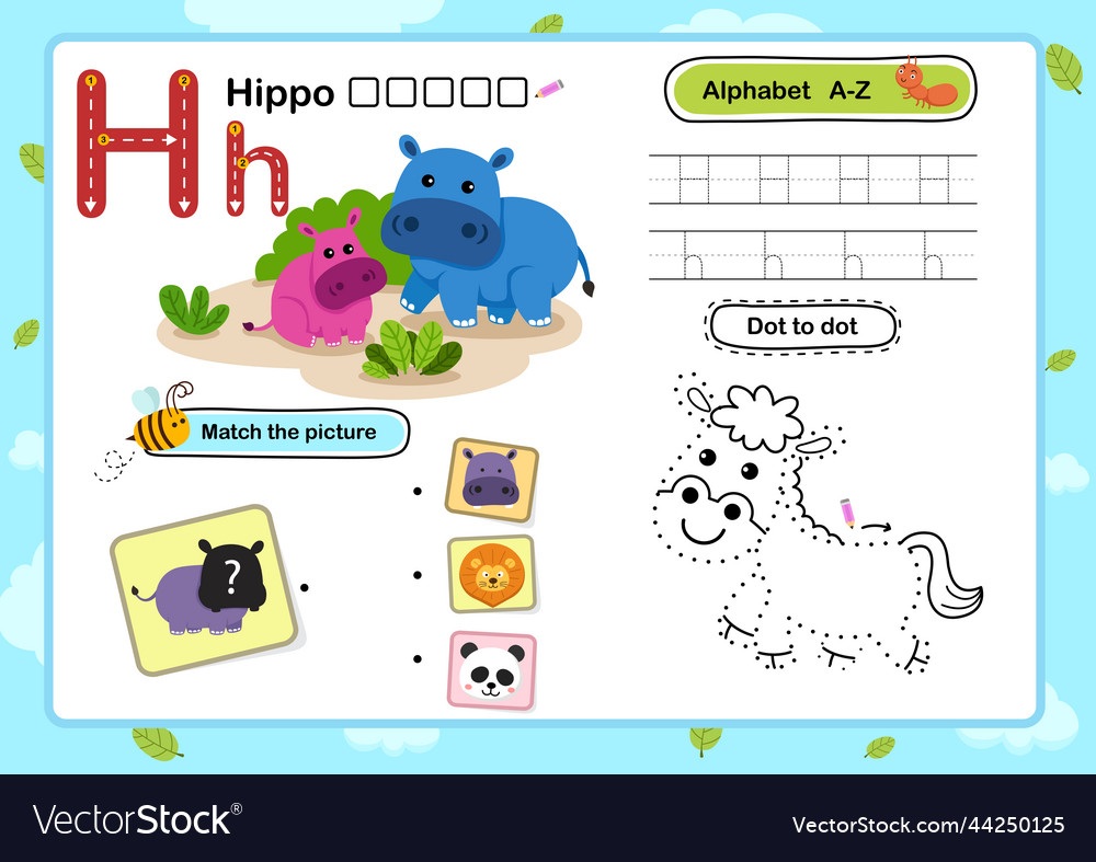 Alphabet letter h-hippo exercise with cartoon Vector Image