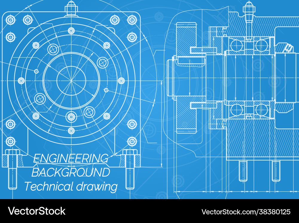 Mechanical engineering drawings on blue background