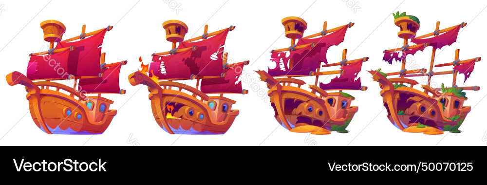 Wrecked wooden ship animation set Royalty Free Vector Image
