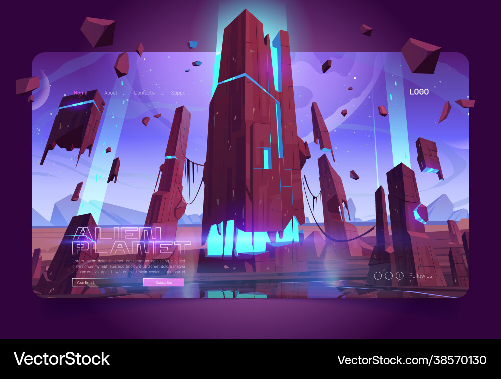 Alien planet banner with land surface and ruins Vector Image