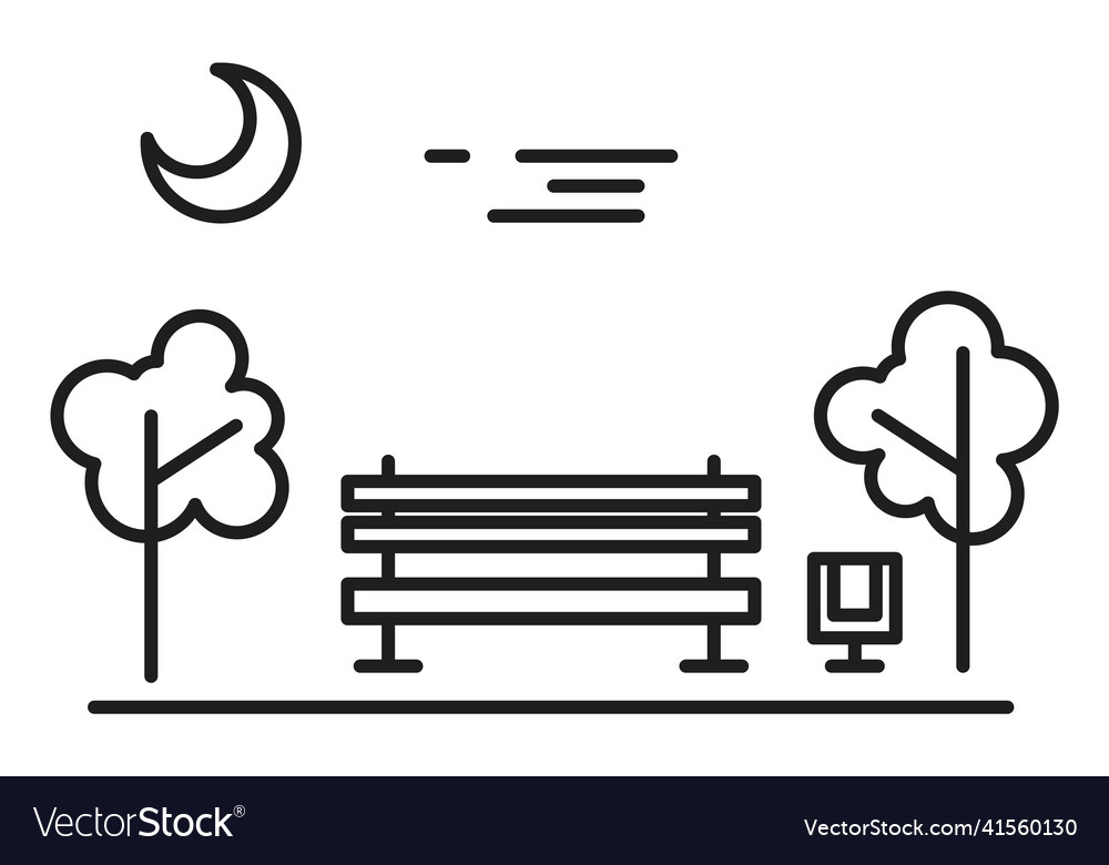 Park night landscape in linear style wooden bench Vector Image