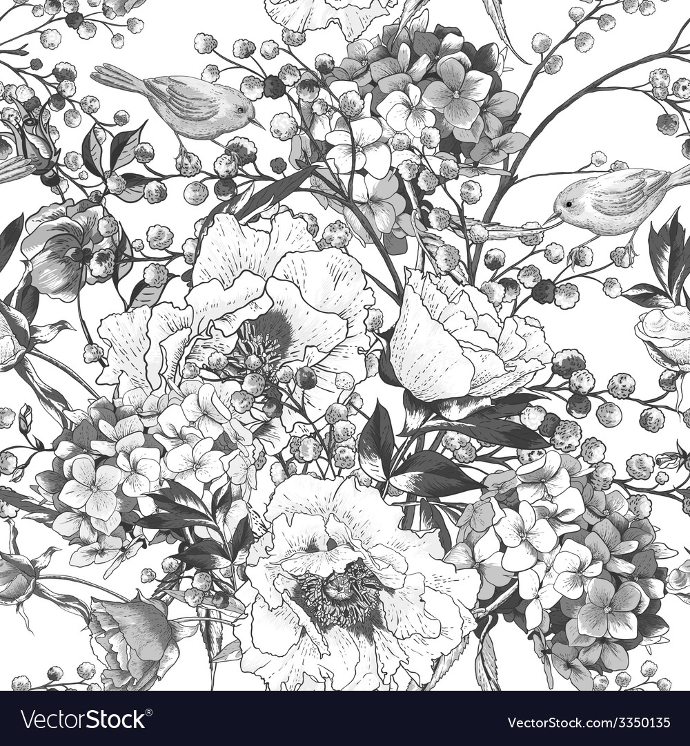 Seamless Monochrome Floral Pattern With Birds Vector Image