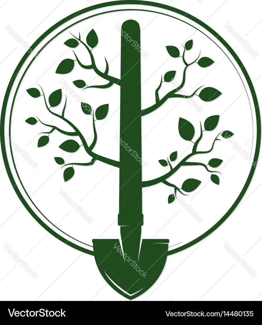 Shovel with branches and green leaves Royalty Free Vector