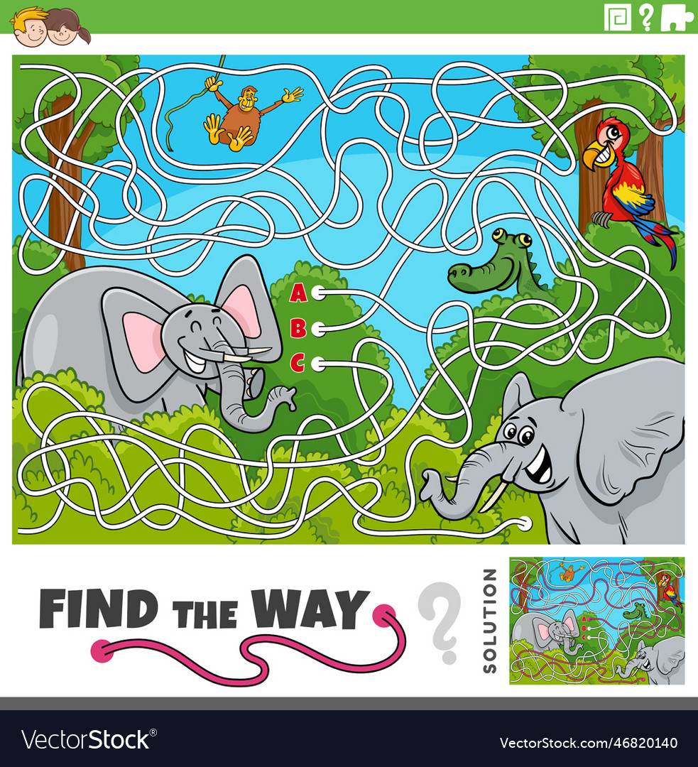 Find the way maze activity with cartoon wild Vector Image