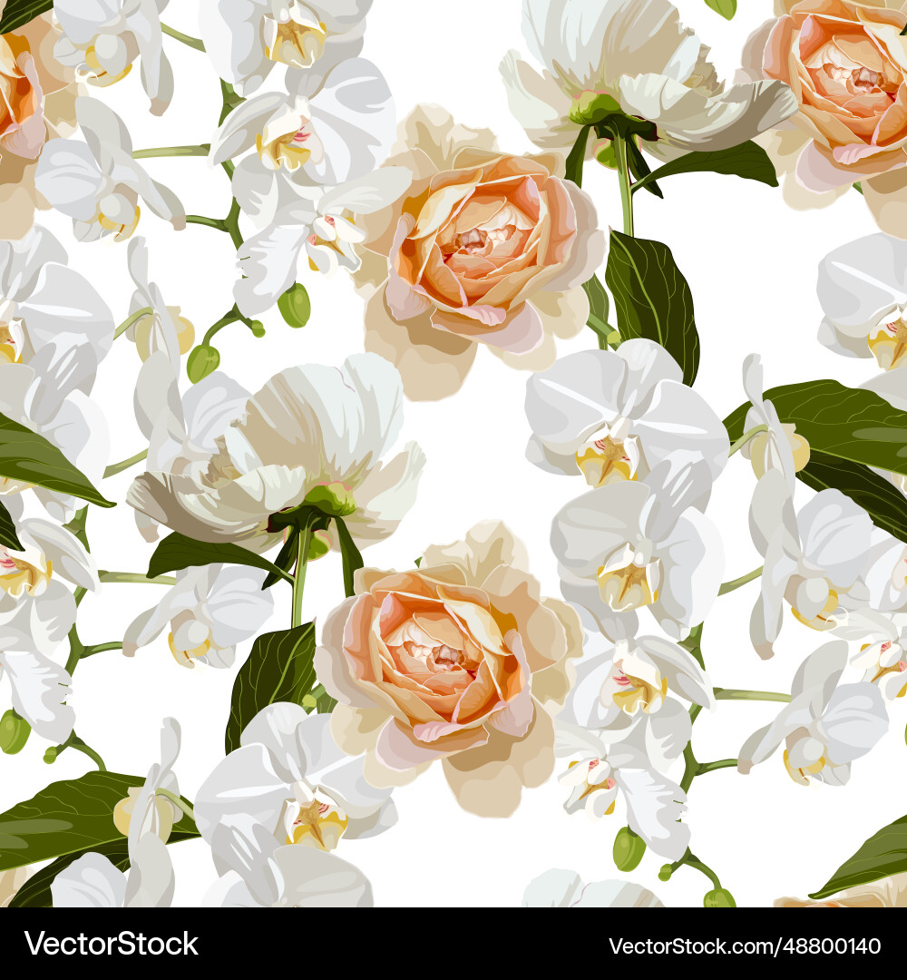 Floral seamless pattern with orchid and roses Vector Image